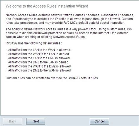 configuration of access rule through wizard on rv016 rv082 rv042 and