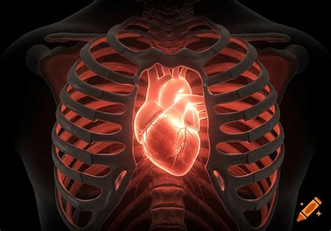A Glowing Red Human Heart Is Encased Within A Dark Exposed Rib Cage