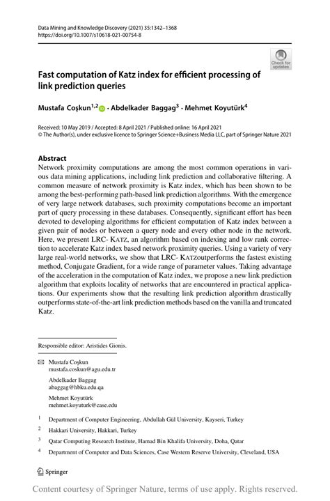 Fast Computation Of Katz Index For Efficient Processing Of Link Prediction Queries Request Pdf