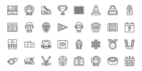 경기장 하키 선수 하키 마스크 휘파람 메달 저지 달력 코치 팬 과 같은 32 개의 하키 얇은 윤곽 아이콘 세트 건강관리와 의술에