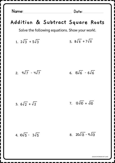 Addition And Subtraction Of Square Roots Worksheet By Daydream Of Class