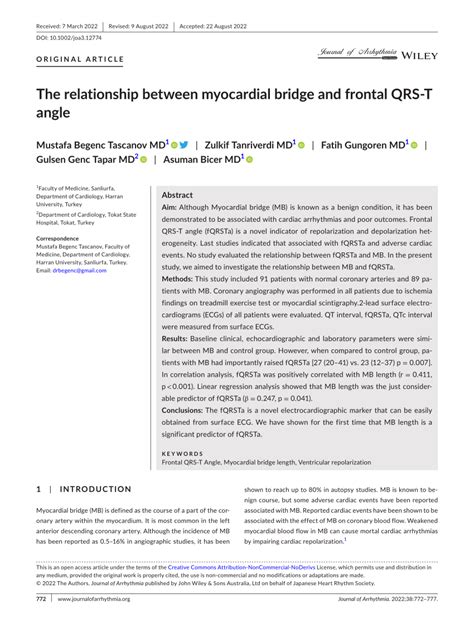 Pdf The Relationship Between Myocardial Bridge And Frontal Qrs‐t Angle