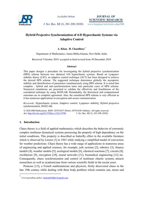 Pdf Hybrid Projective Synchronization Of 4 D Hyperchaotic Systems Via