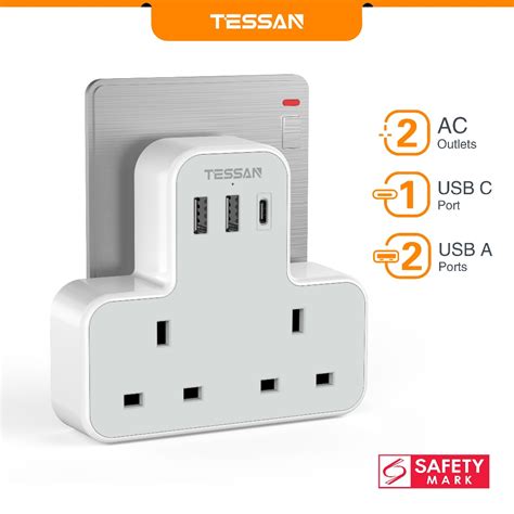 Tessan Extension Plug With Usb C Charger Wall Socket Plug Adaptor With 3 Usb 3 Pin Plug