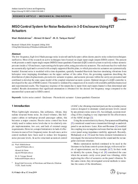 Pdf Miso Control System For Noise Reduction In 3 D Enclosures Using