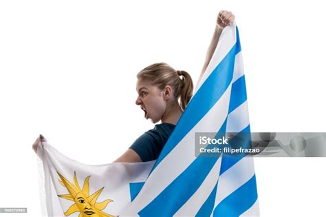 우루과이 여자 선수 흰색 배경 축 하 팬 우루과이 국기에 대한 스톡 사진 및 기타 이미지 우루과이 국기 Championship 경쟁 Istock