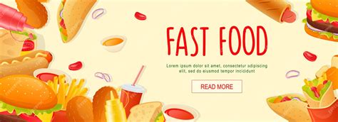 패스트 푸드 가로 웹 배너 타코 핫도그 햄버거 콜라 샌드위치 프렌치 프라이 케첩 머스타드 및 기타 스낵 현대적인 디자인의 헤더