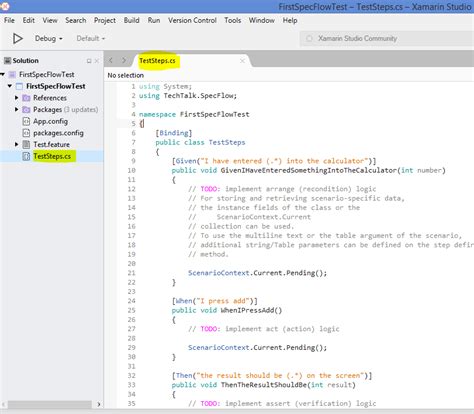 C Xamarin Studio SpecFlow Configuration Creating Sample Feature File Step Defintion And