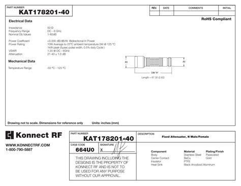 Fixed Attenuator N Male Female 50 Ohm Dc 6 Ghz 10 Watts 40 Db Bidirectional Konnectrf