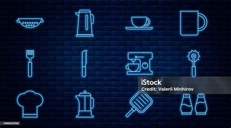 세트 라인 소금과 후추 피자 나이프 커피 컵 빵 포크 주방 소쿠리 전기 믹서 및 손잡이 아이콘이있는 주전자 벡터 등고선에 대한 스톡 벡터 아트 및 기타 이미지 Istock