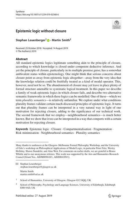 Pdf Epistemic Logic Without Closure