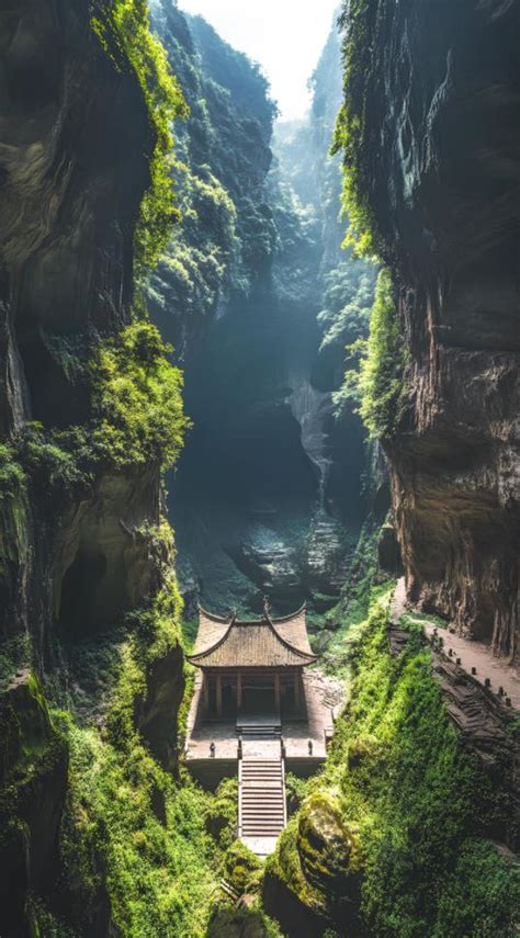 一个雕刻在悬崖上的洞穴入口，底部是中国建筑，周围是郁郁葱葱的绿色植被和陡峭的悬崖 Ai创作手机壁纸 Like壁纸网