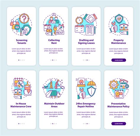 Property Management Onboarding Mobile App Screen Set Real Estate Walkthrough 4 Steps Graphic