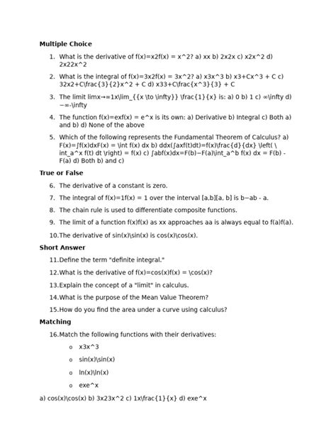 Basic Calculus Quiz Pdf