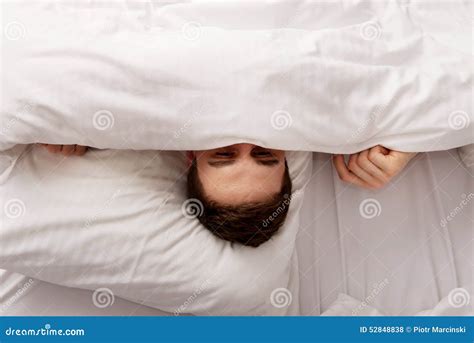 Man Hiding In Bed Under Sheets Stock Photo Image Of Looking People