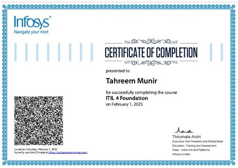Infosys Certification Itil4 Careergrowth Upskill Tahreem Munir