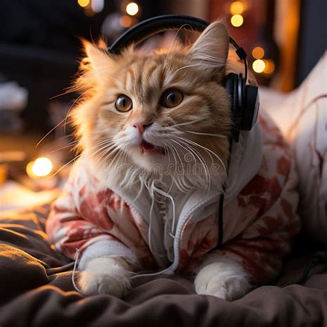 A Cute Fluffy Cat Wearing Headphone Stock Illustration Illustration Of Wearing Mammal 288755099