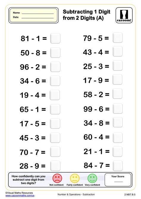 One Digit Subtraction Worksheets 2nd Grade Single Digit Subtraction