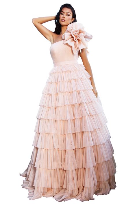 Tulle Ball Gown With Ruffles And On Shoulder Design Tnl286