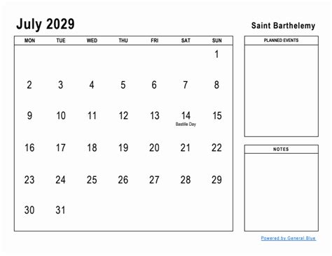 July 2029 Planner With Saint Barthelemy Holidays