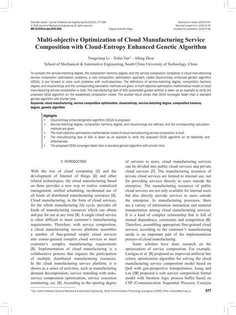 Pdf Multi Objective Optimization Of Cloud Manufacturing Service