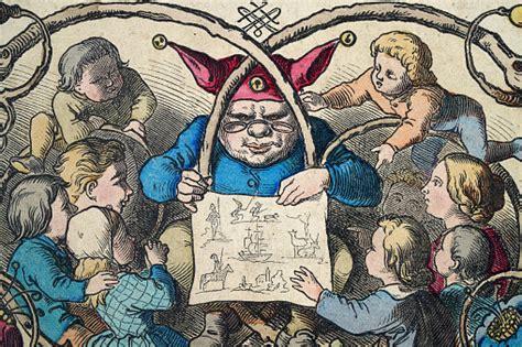 어릿광대 모자를 쓰고 아이들에게 그림을 보여주는 그놈 빈티지 일러스트 19 세기 뮌헨 빌더 보겐 19세기에 대한 스톡 벡터 아트