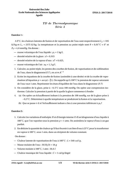 Td5 Thermo Exercice De Travaux Dirigés Avec Correction Université Ibn Zohr Ecole Nationale