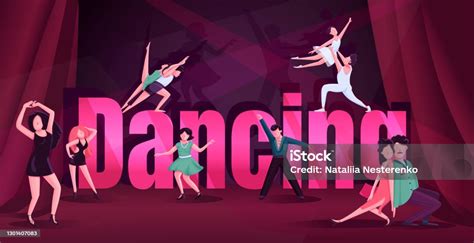 댄스 워드 개념 플랫 컬러 벡터 배너 콘템 룸바 경쟁 작은 만화 캐릭터와 타이포그래피 탱고 발레 스윙 남성과 여성 댄서 창조적