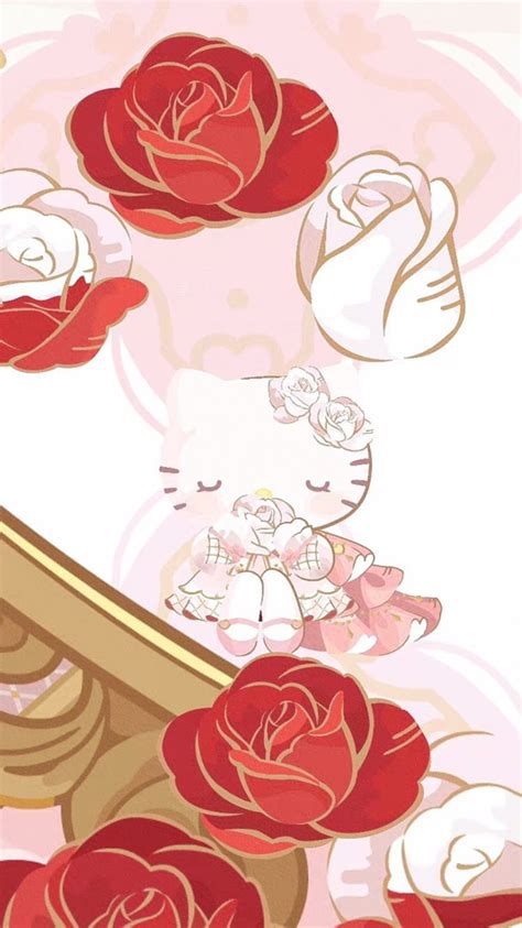 Hello Kitty Wallpaper With Red Roses And White Flowers