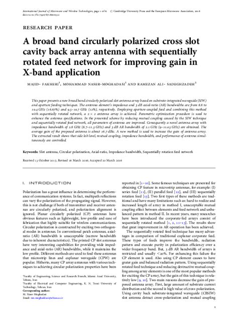 Pdf A Broad Band Circularly Polarized Cross Slot Cavity Back Array