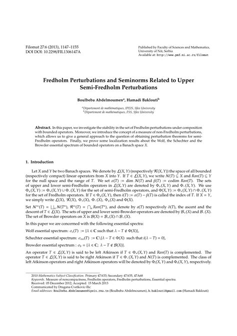 Pdf Fredholm Perturbations And Seminorms Related To Upper Semi