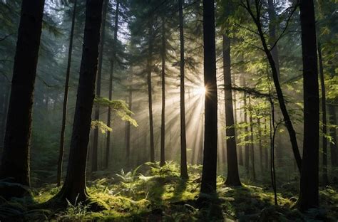 forest with a soft magical light diffusing through the trees premium