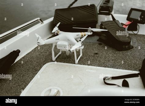 From Above Unmanned Aircraft Ready For Flight With Whole System Of Control Including Sensors And