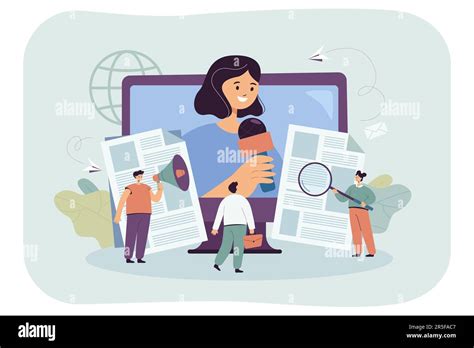 Tiny Male And Female Characters Near Newspapers Stock Vector Image