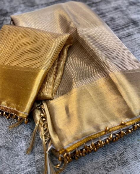 Golden Tissue Silk Banarasi Handloom Saree With Designer Antique Gold