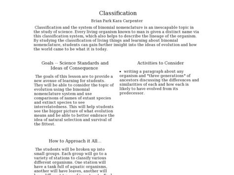 Classification And Binomial Nomenclature Lesson Plan For 9th 12th Grade Lesson Planet