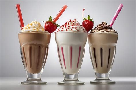 Premium Ai Image Three Distinct Milkshake Glasses Arranged Side By Side