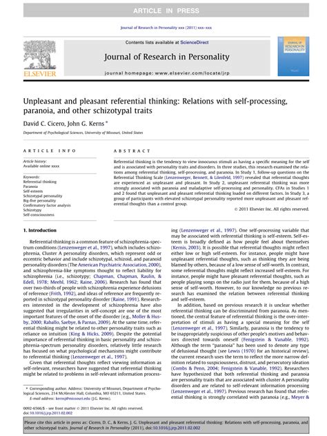Pdf Unpleasant And Pleasant Referential Thinking Relations With Self Processing Paranoia