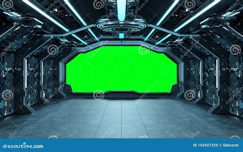 Dark Blue Spaceship Futuristic Interior Mockup With Window 3d Rendering Stock Illustration