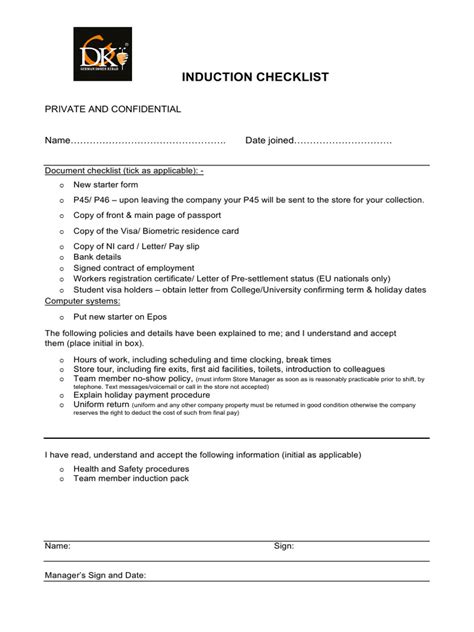 Induction Checklist Gdk Pdf