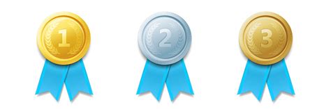 금 은 동메달 리본 챔피언 상 벡터 배지 세트 메달 트로피 스포츠 게임 챌린지 업적 및 승리 상을 위한 블루 리본 인증서 3에 대한 스톡 벡터 아트 및 기타 이미지 Istock