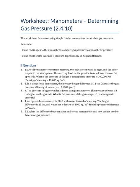 Manometer Gas Pressure Worksheet Pdf