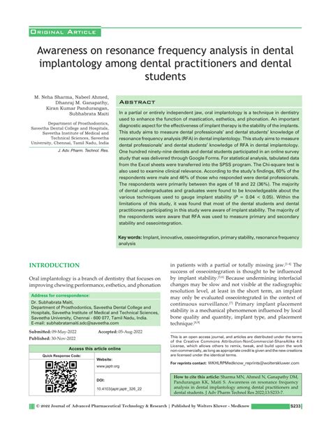 Pdf Awareness On Resonance Frequency Analysis In Dental Implantology