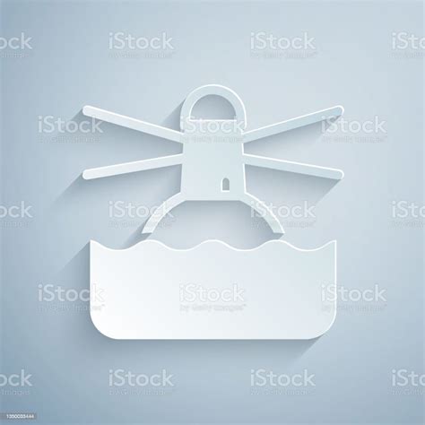 회색 배경에 격리 된 등대 아이콘을 잘라 용지 종이 아트 스타일 벡터 0명에 대한 스톡 벡터 아트 및 기타 이미지 0명 3