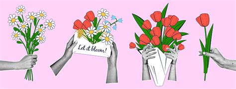 복고풍 콜라주 스타일의 현대적인 인사말 요소 세트입니다 하프톤 효과가 있는 여성의 손에는 꽃다발 꽃 데이지 튤립이 담긴 축하 봉투가 들려 있습니다 개체 그룹에 대한 스톡