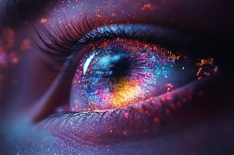 Digital Eye With Binary Code Detailed Eyelash Futuristic Tech Macro Vivid Color Stock
