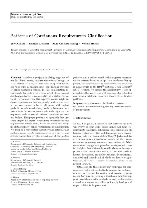 Pdf Patterns Of Continuous Requirements Clarification