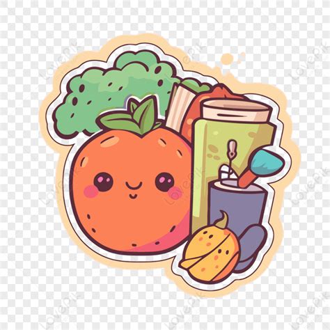 과일 및 야채와 함께 귀여운 오렌지 만화 일러스트 스티커 벡터물체상표 Png 일러스트 무료 다운로드 Lovepik