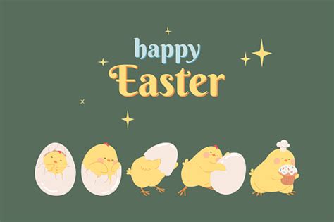 부화 병아리와 함께 행복한 부활절 인사말 카드 사랑스러운 아기 닭 달걀 껍질 부활절 케이크가 있는 귀여운 부활절 인사말 카드 인사말 카드 포스터 표지 또는 엽서에 대한 벡터