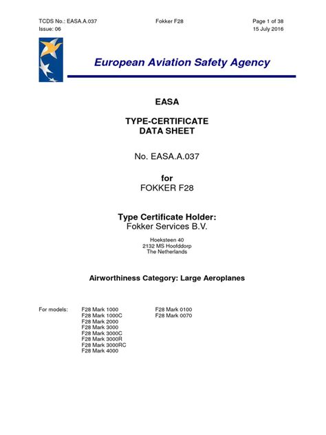 Easa Fokker F28 Type Certificate Data Sheet Pdf Aircraft Aviation